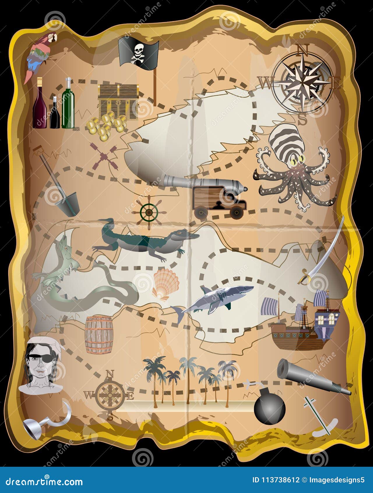 Pirate Map Elements Vector Kit Stock Vector - Illustration of apps ...