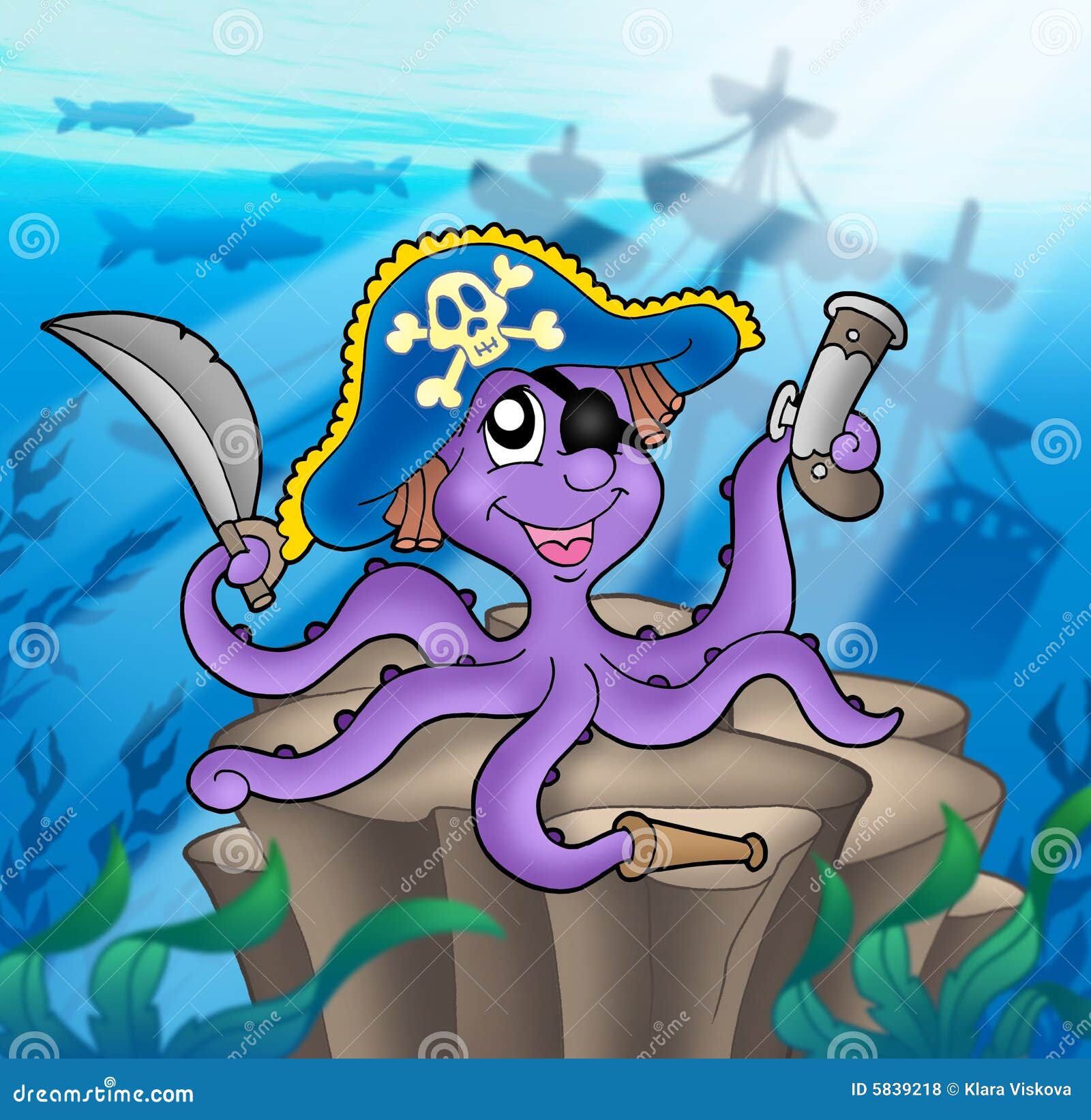 Pirate Octopus with Shipwreck Stock Illustration - Illustration of ...