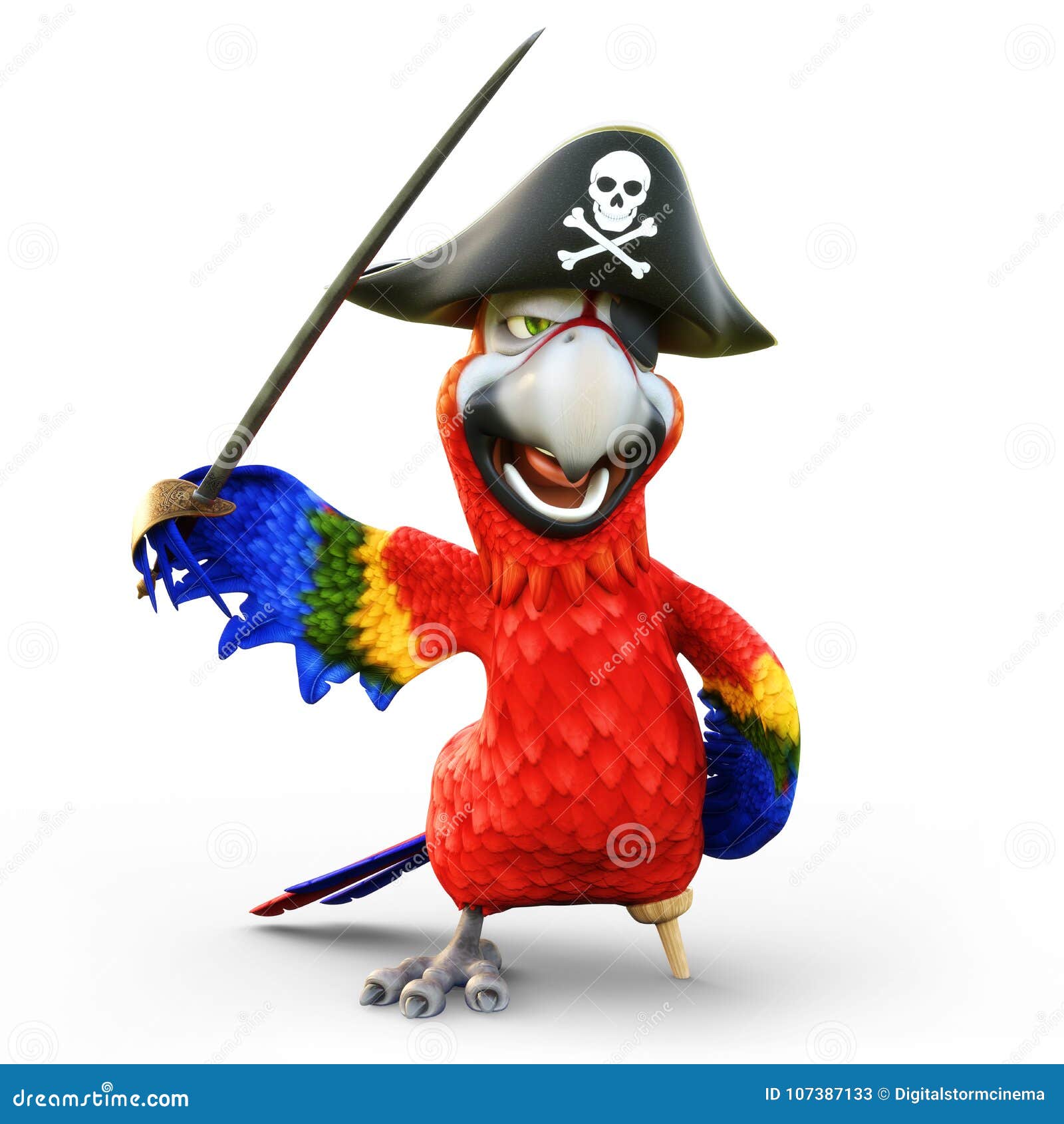 Pirate Parrot With Peg Leg, Posing With A Hat, Patch And Sword On An ...