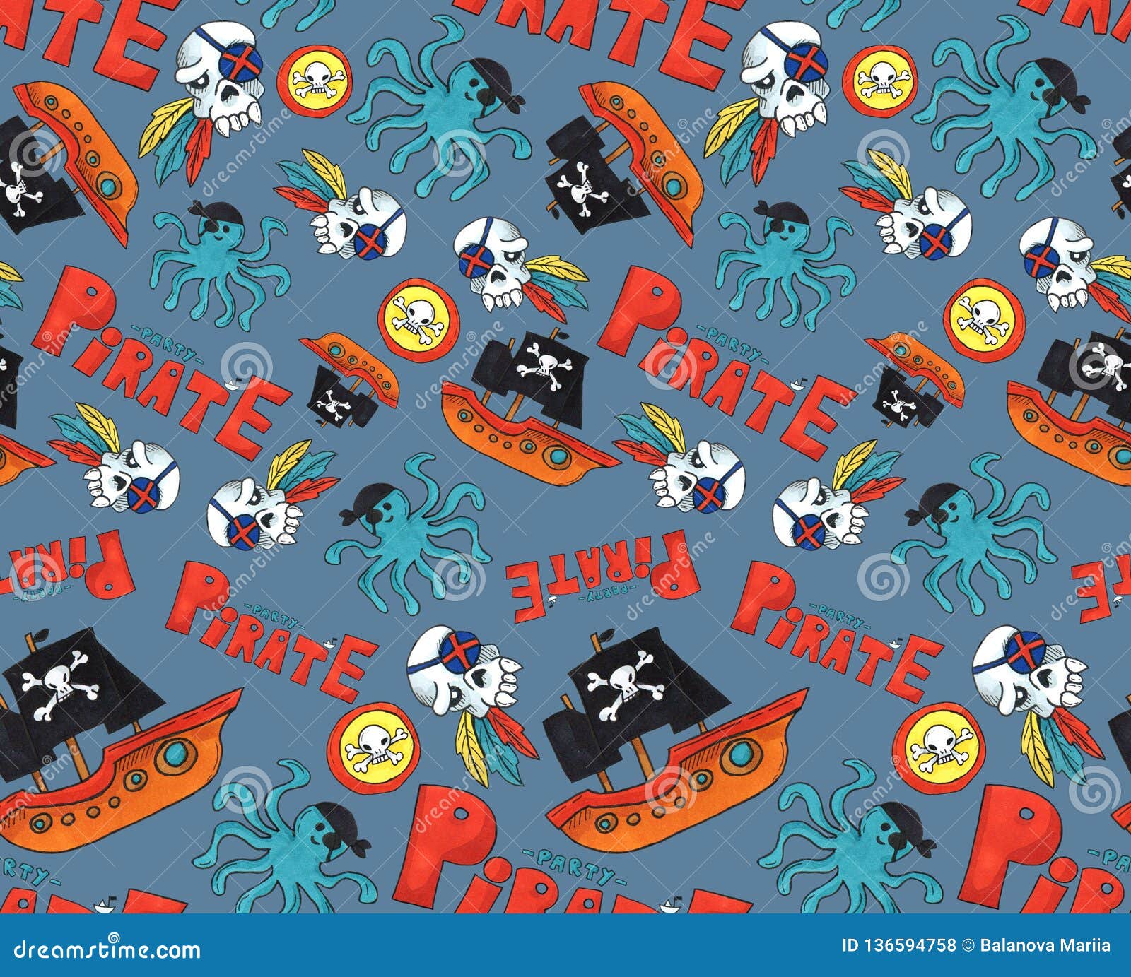 Pirate Party Seamless Pattern. Colorful Objects Repeating Background ...