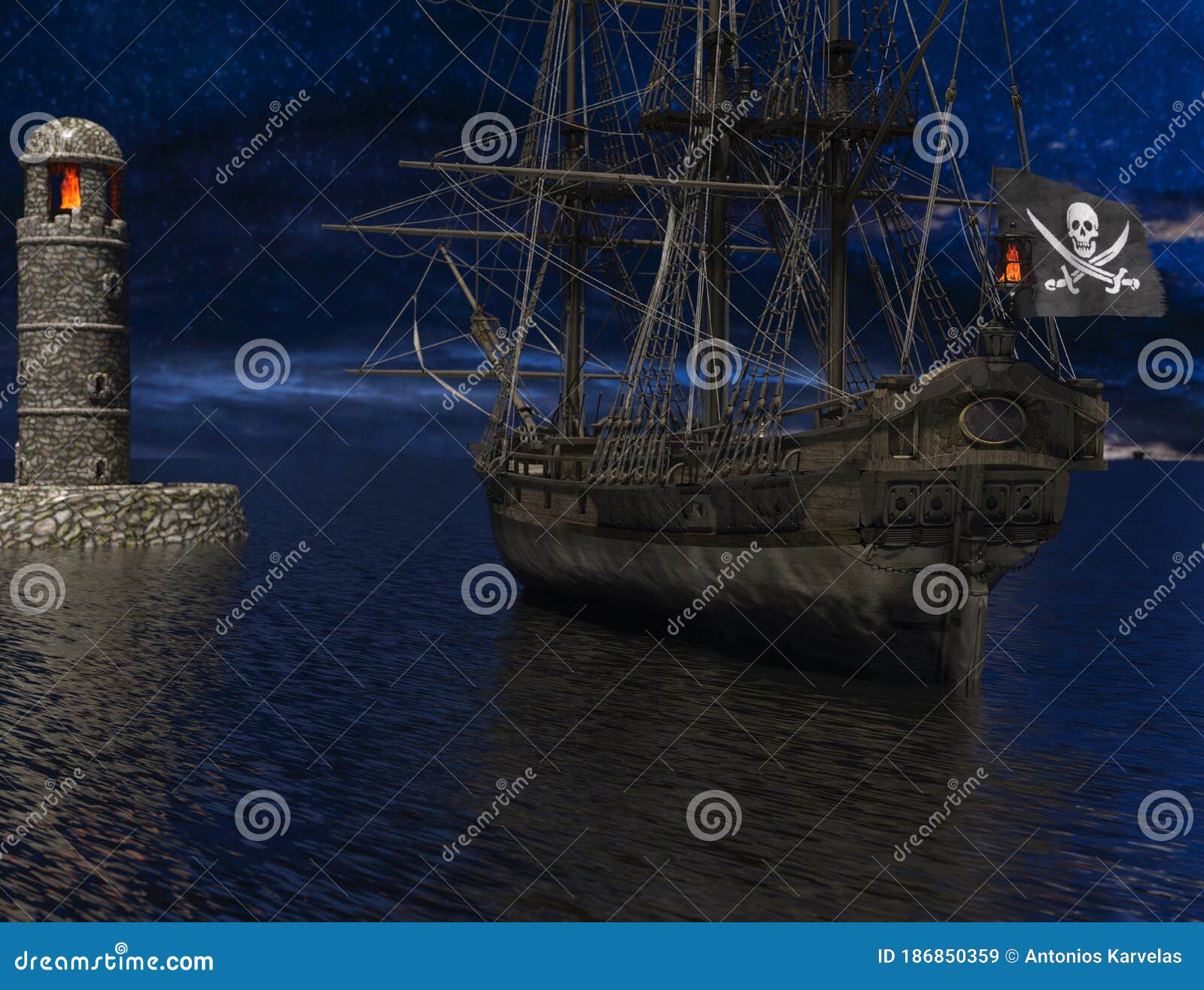 Pirate Sailship Near the Old Lighthouse with Fire at Moonlight Stock ...