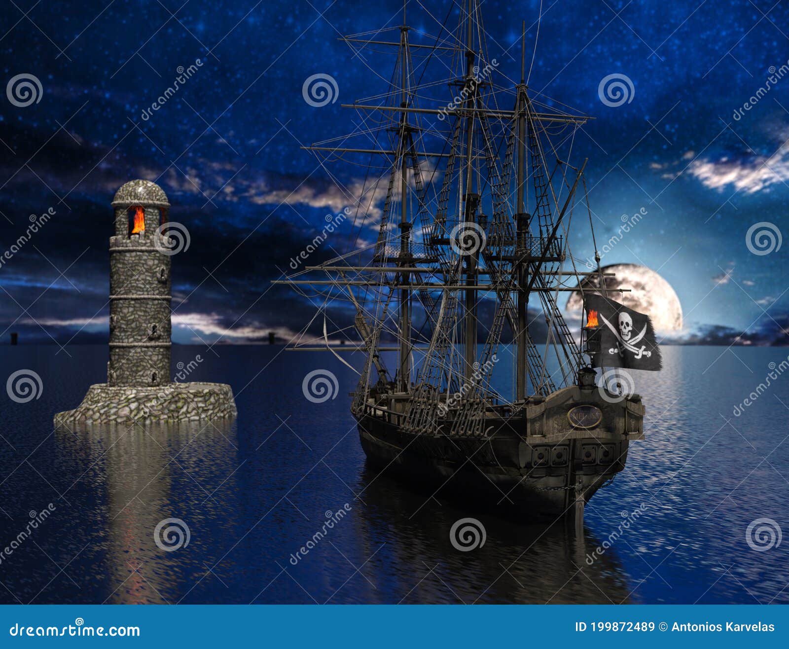 Pirate Sailship Near the Old Lighthouse with Fire at Moonlight Stock ...