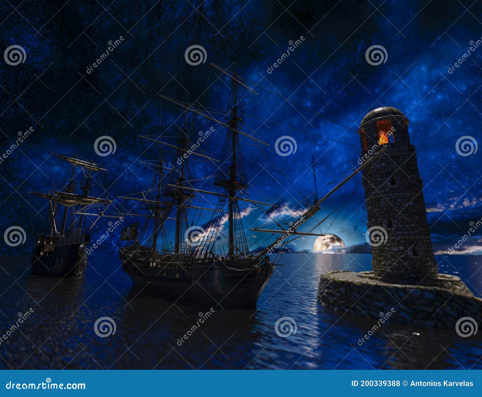 Pirate Sailship Near the Old Lighthouse with Fire at Moonlight Stock ...