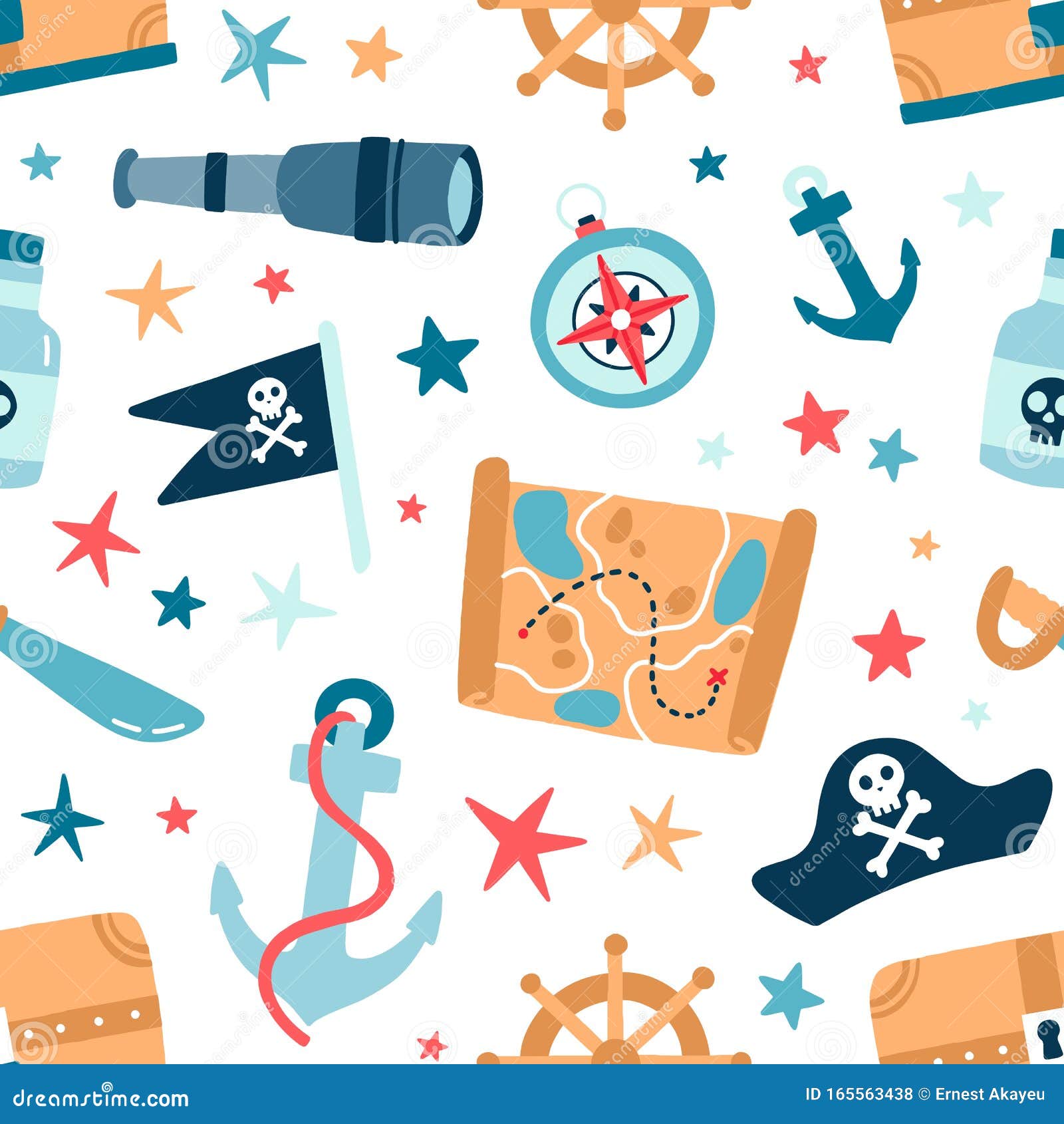 Pirate Sea Flat Vector Seamless Pattern. Sailing Backdrop Stock Vector ...