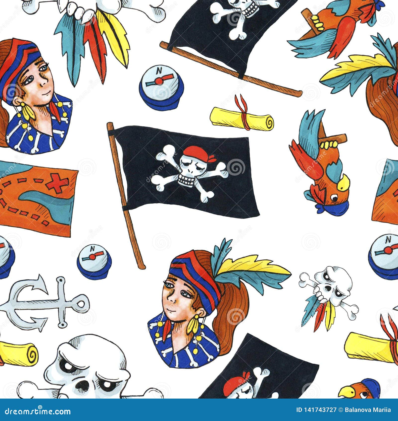 Pirate Seamless Pattern. Colorful Objects Repeating Background for Web ...