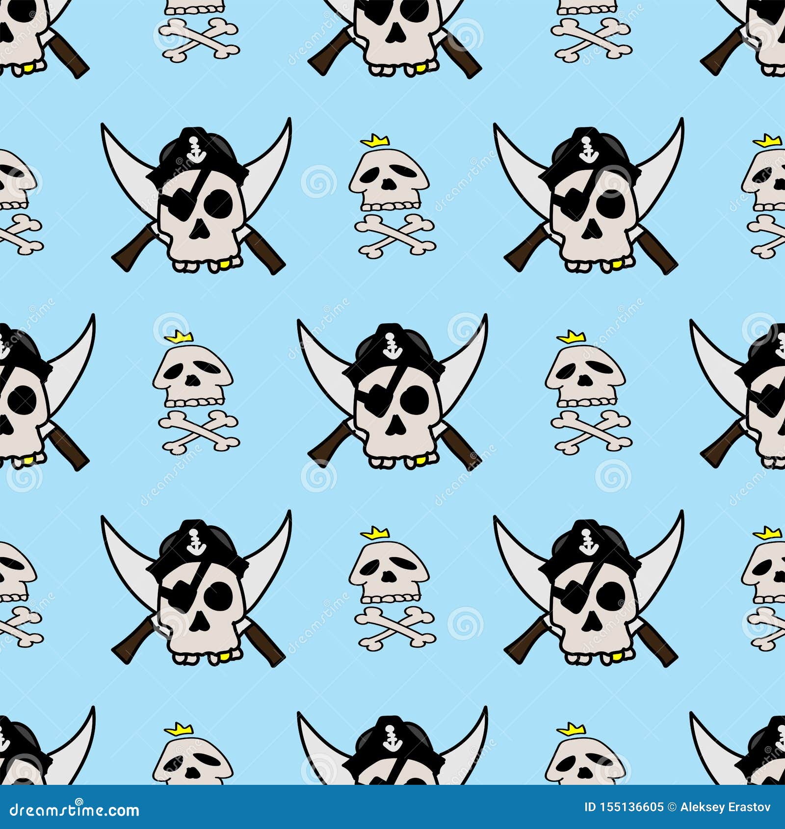 Pirate Seamless Pattern Drawn by Hand. Funny Print with Skulls and ... Pirate Seamless Pattern Drawn by Hand. Funny Print with Skulls and ...