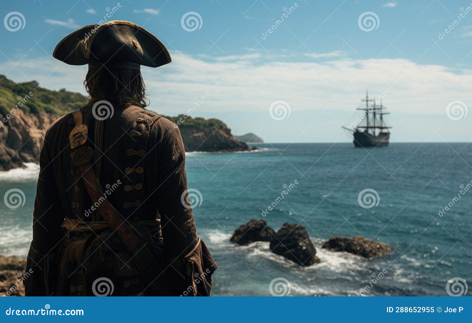 Pirate Seen from Behind Looking at the Sea and a Pirate Ship from the ...
