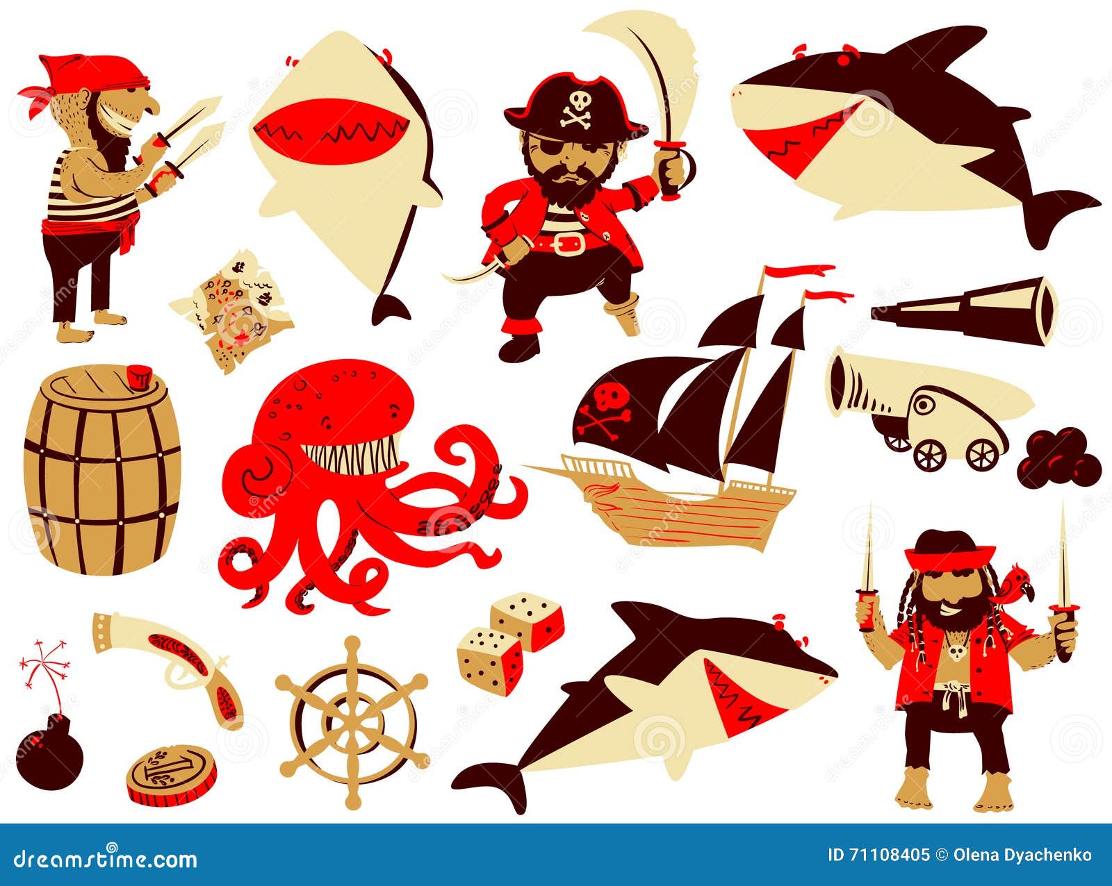 Pirate and Shark Characters and Nautical Objects Stock Vector ...
