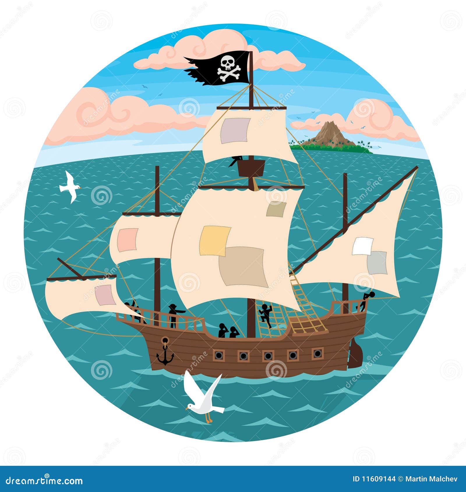 Pirate Ship stock vector. Illustration of horizon, island - 11609144