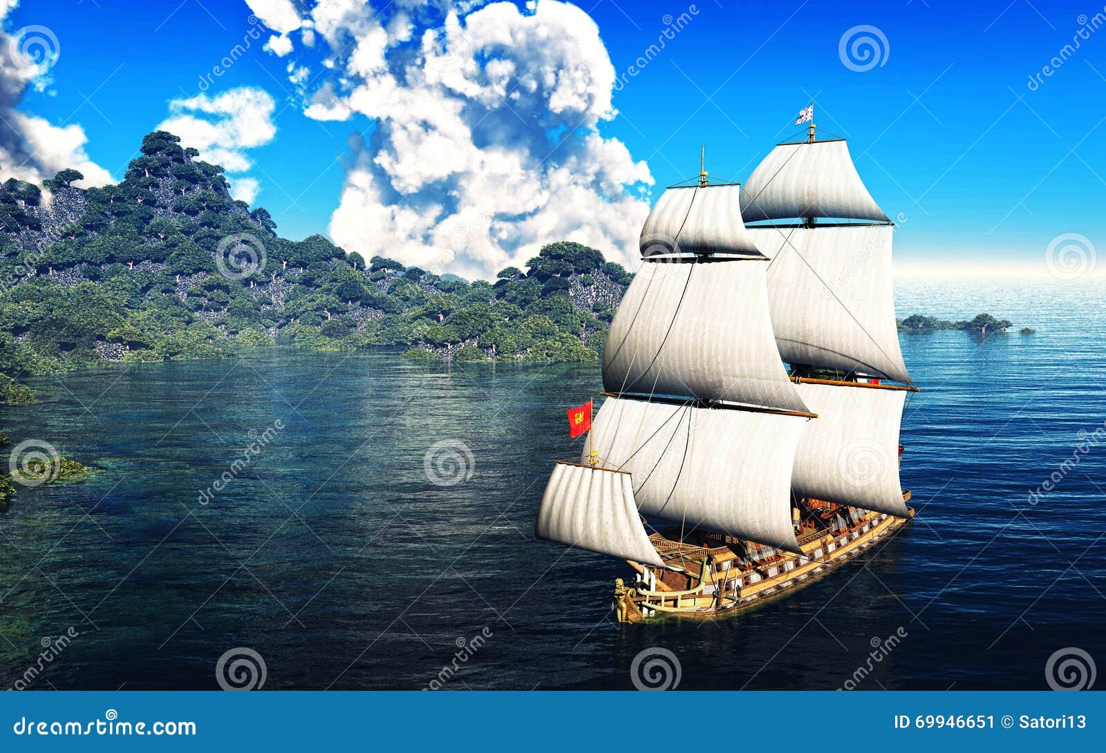 Pirate Ship and Active Volcano in 3d Illustration Stock Illustration ...