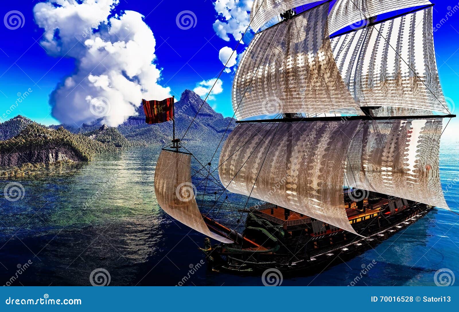 Pirate Ship and Active Volcano in 3d Illustration Stock Illustration ...