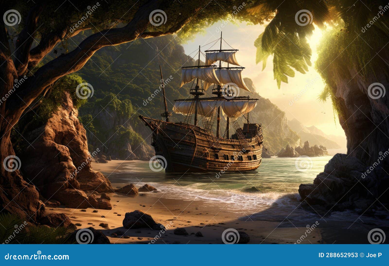 Pirate Ship at Anchor by the Shore of a Secret Location Stock ...