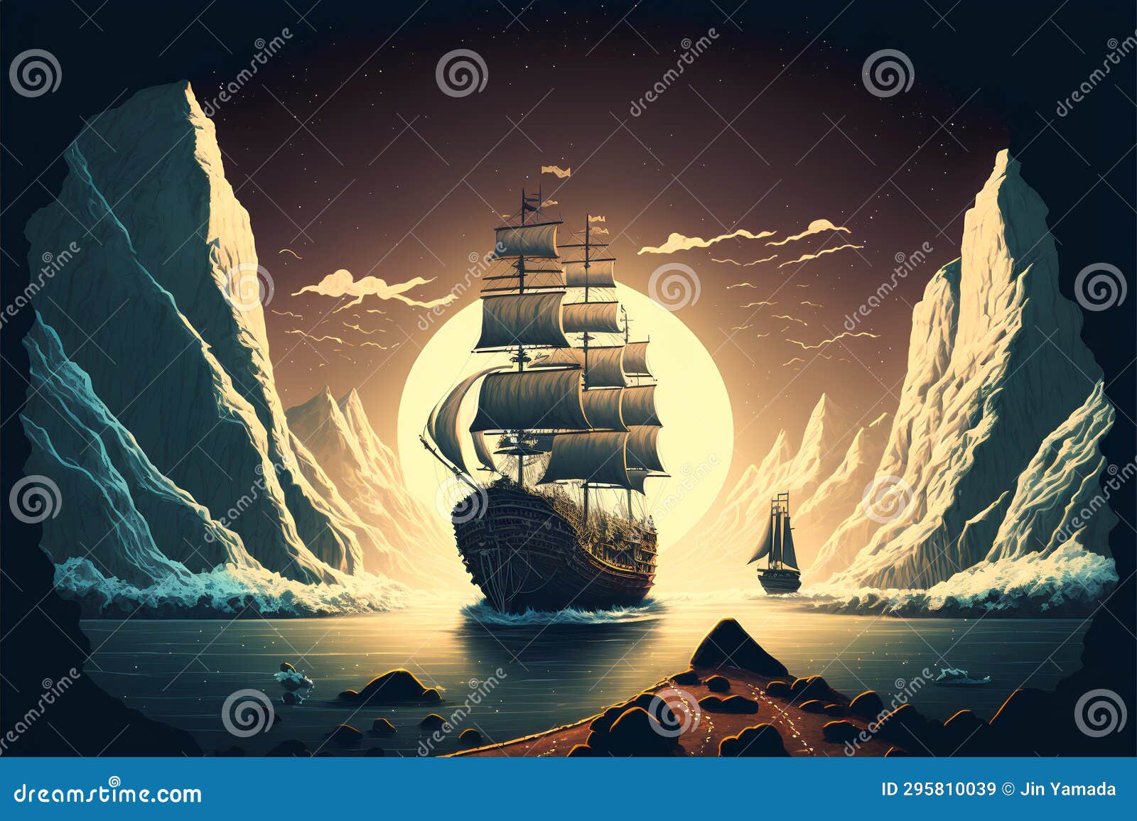 Pirate Ship on the Background of the Night Sky. Vector Illustration ...