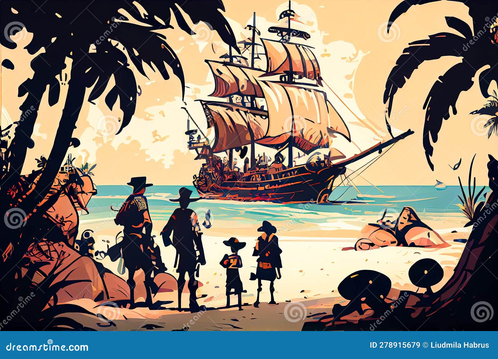 Pirate Ship on the Beach. Generative AI Stock Illustration ...
