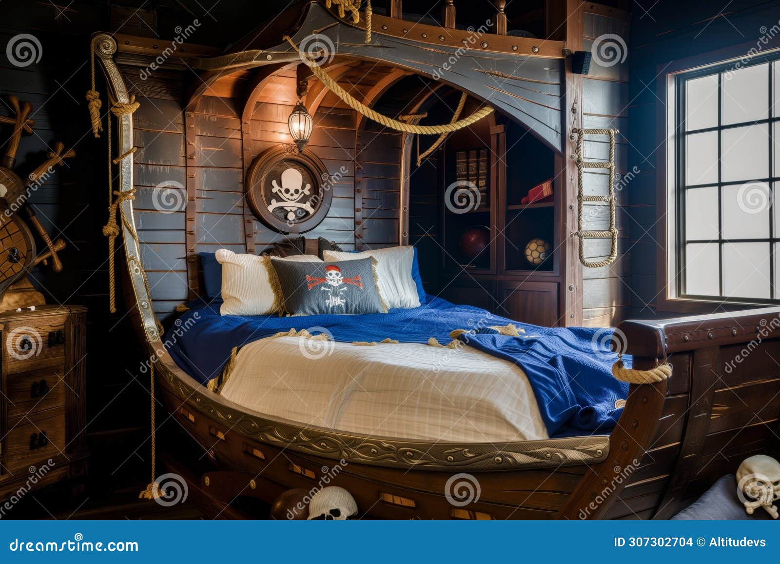 Pirate Ship Bed with Blue and White Sheets Stock Photo - Image of ...