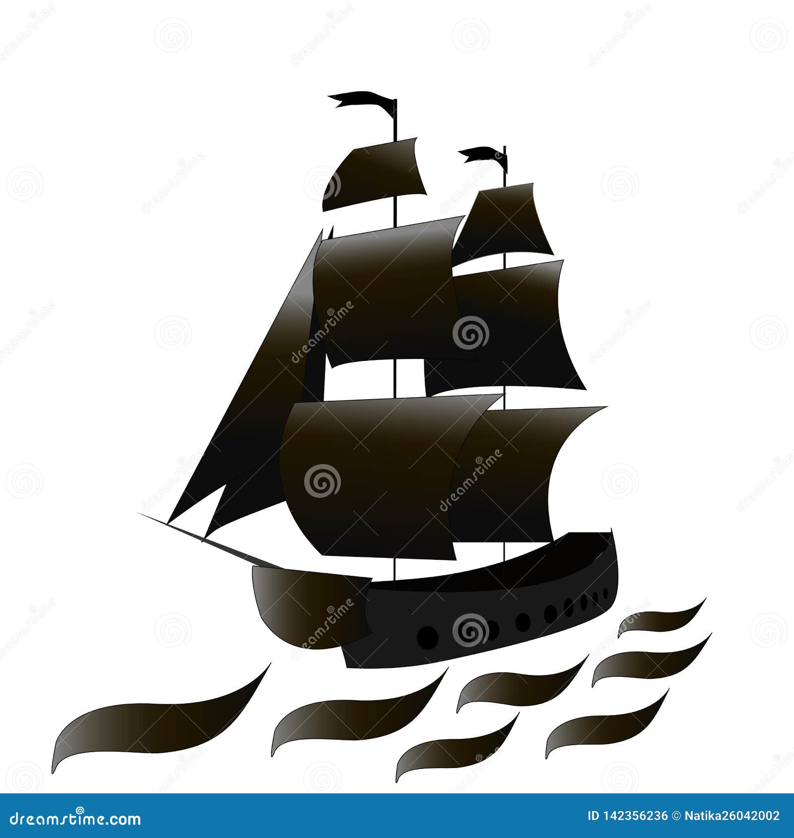 A Pirate Ship with Black Sails at Sea. Vector Illustration Stock Photo ...