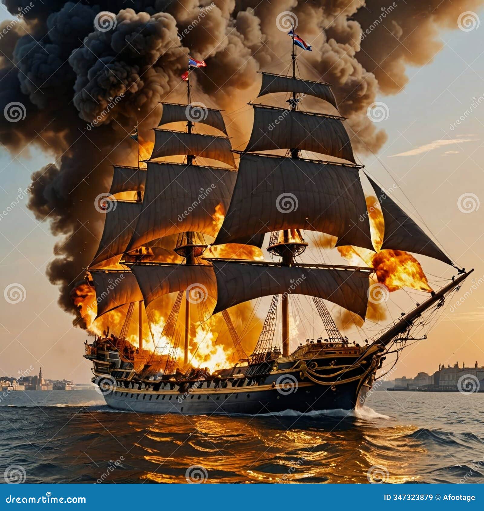 Pirate Ship Engulfed in Fire, with Smoke and Flames Billowing from it ...