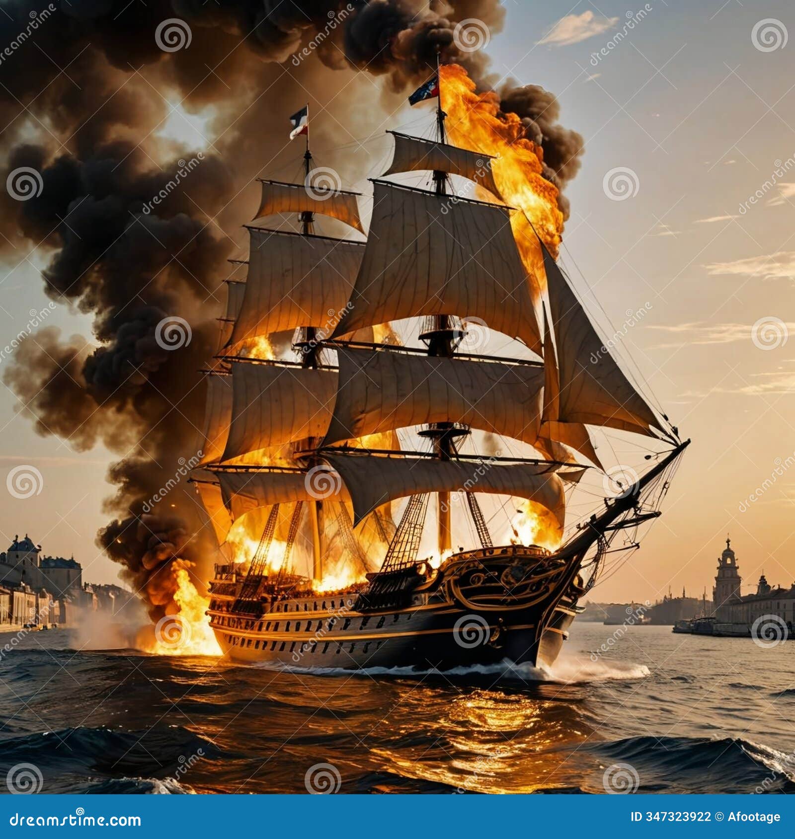 Pirate Ship Engulfed in Fire, with Smoke and Flames Billowing from it ...