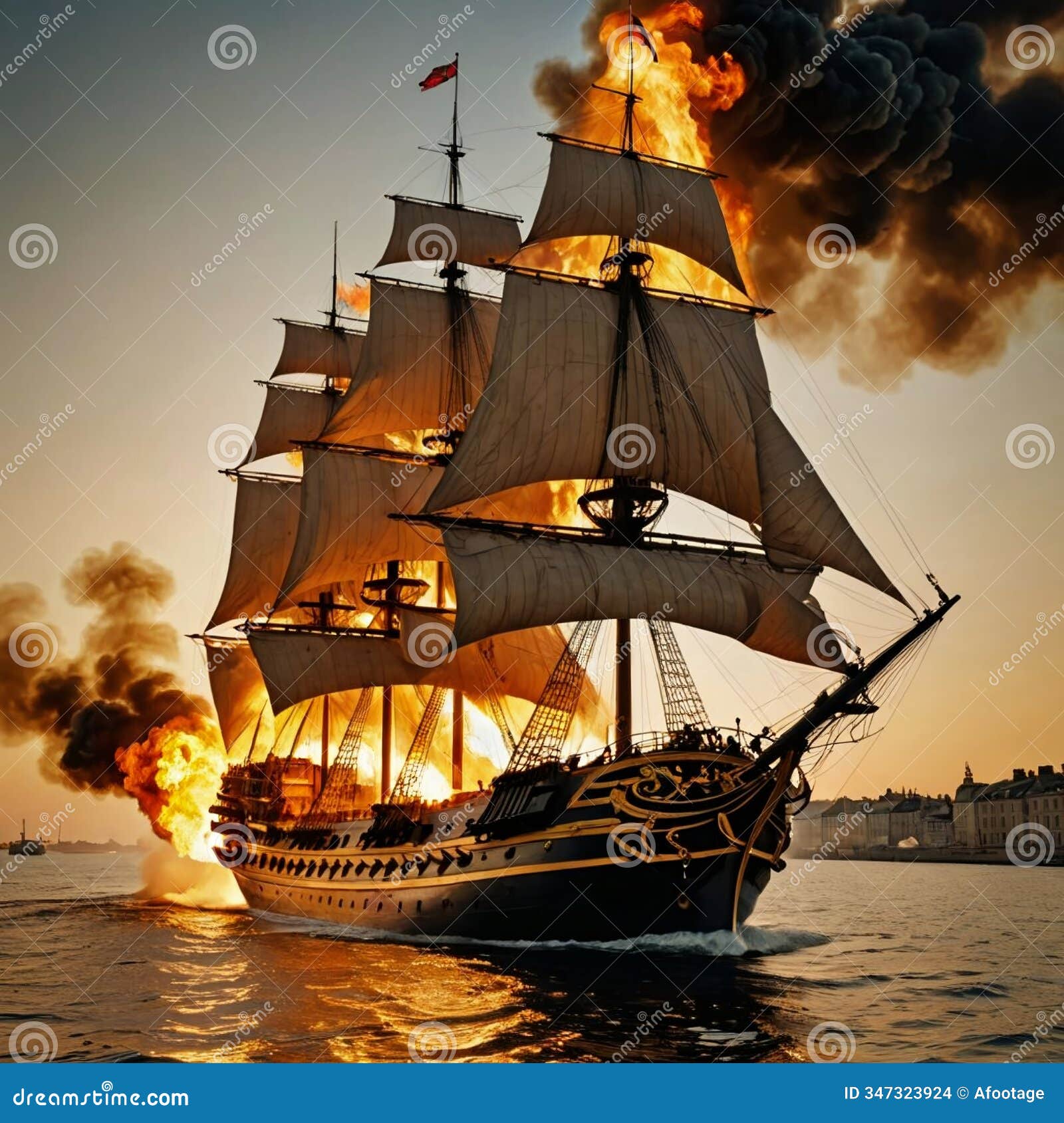 Pirate Ship Engulfed in Fire, with Smoke and Flames Billowing from it ...