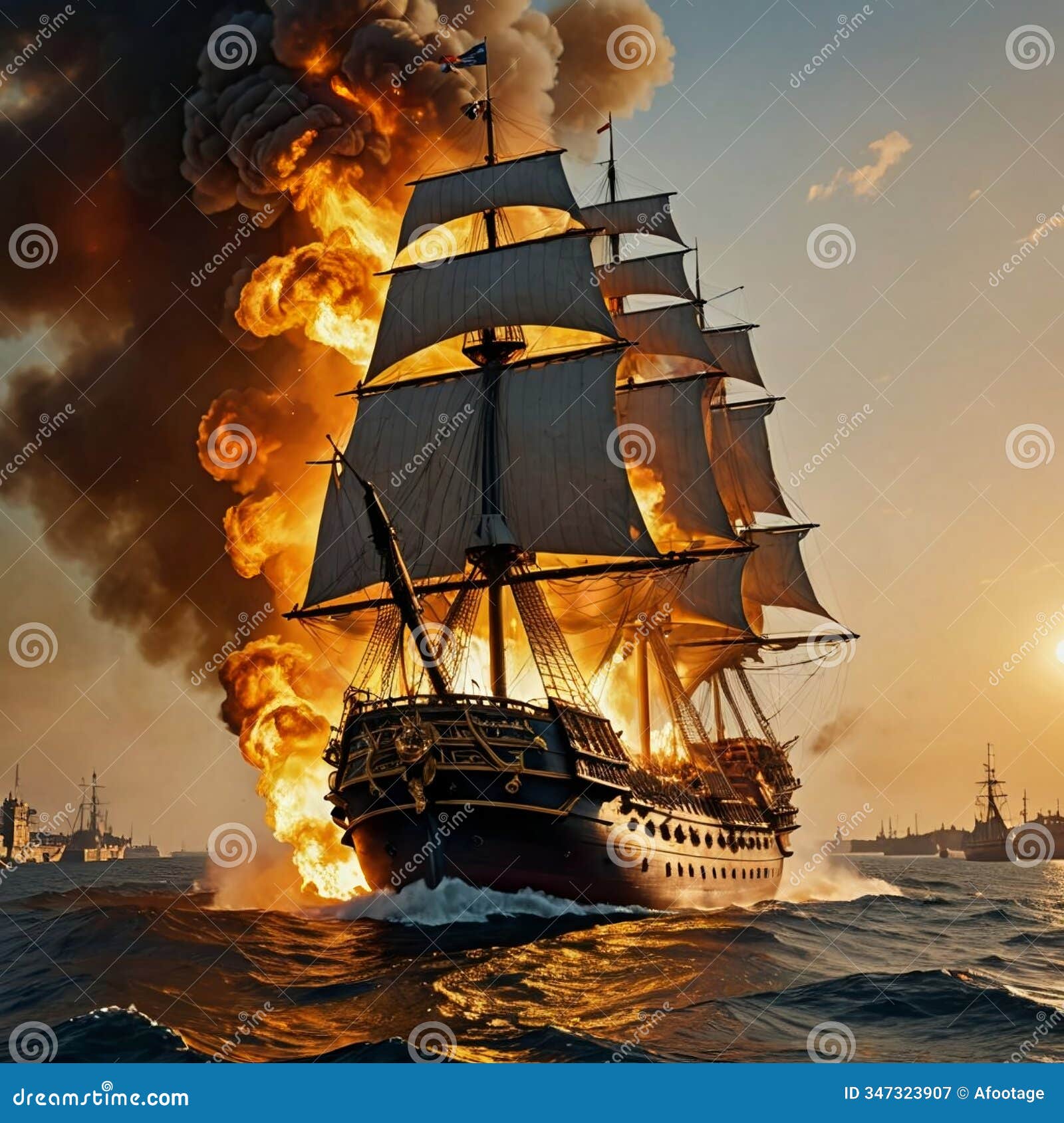 Pirate Ship Engulfed in Fire, with Smoke and Flames Billowing from it ...