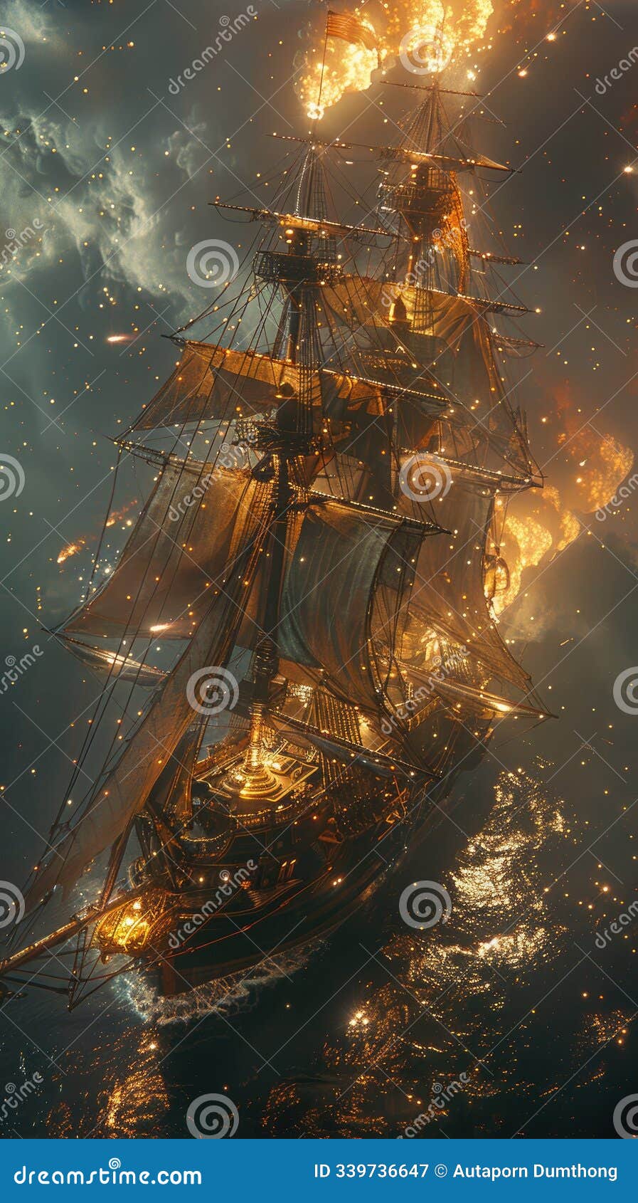 A Pirate Ship is on Fire in the Middle of a Storm Stock Illustration ...