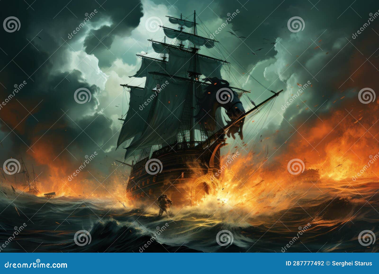 A Pirate Ship on Fire in the Ocean. Generative AI Image. Stock ...