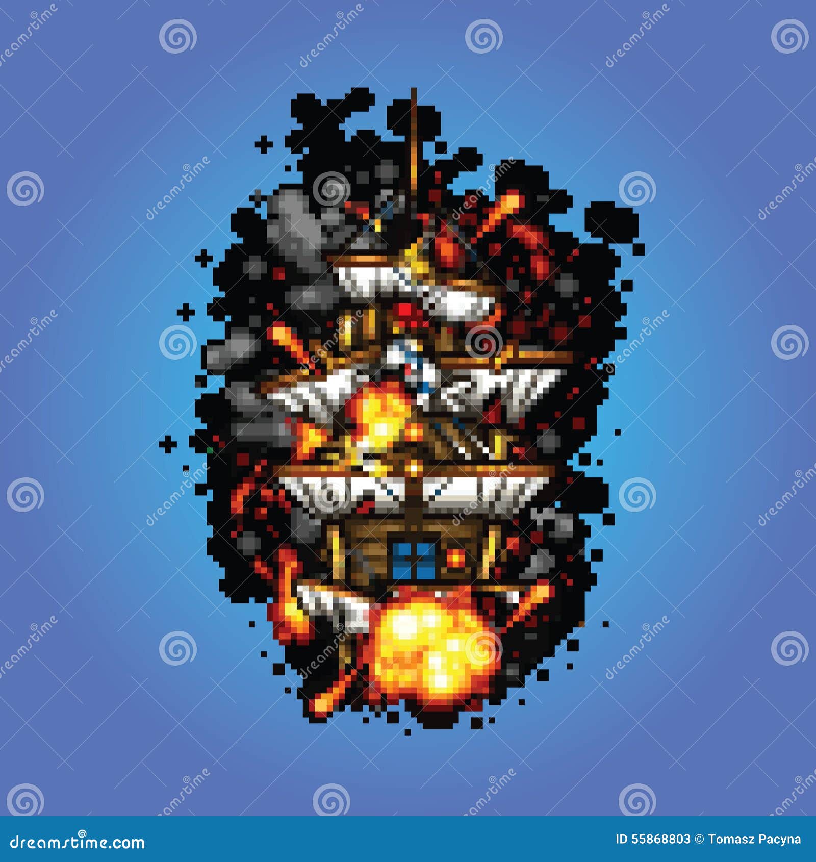 Pirate Ship on Fire Pixel Art Style Illustration Stock Vector ...