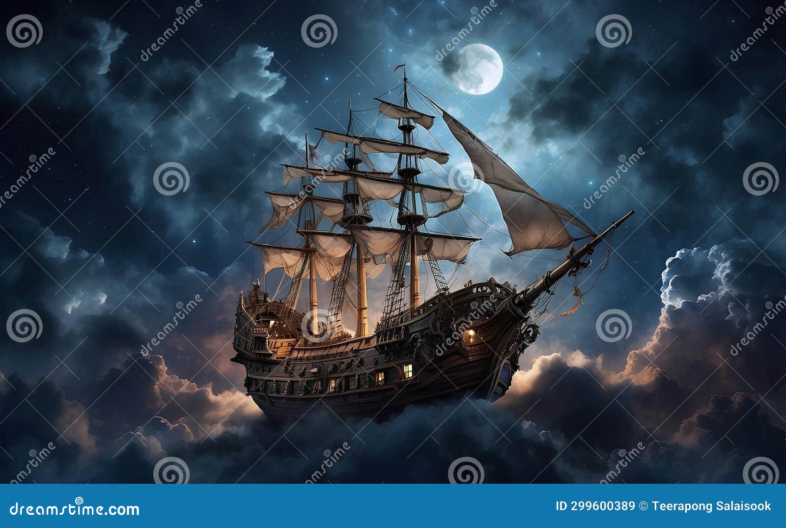 A Pirate Ship Flying through the Clouds in the Night Sky Stock ...