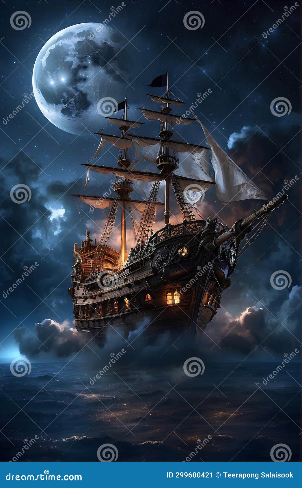 A Pirate Ship Flying through the Clouds in the Night Sky Stock ...