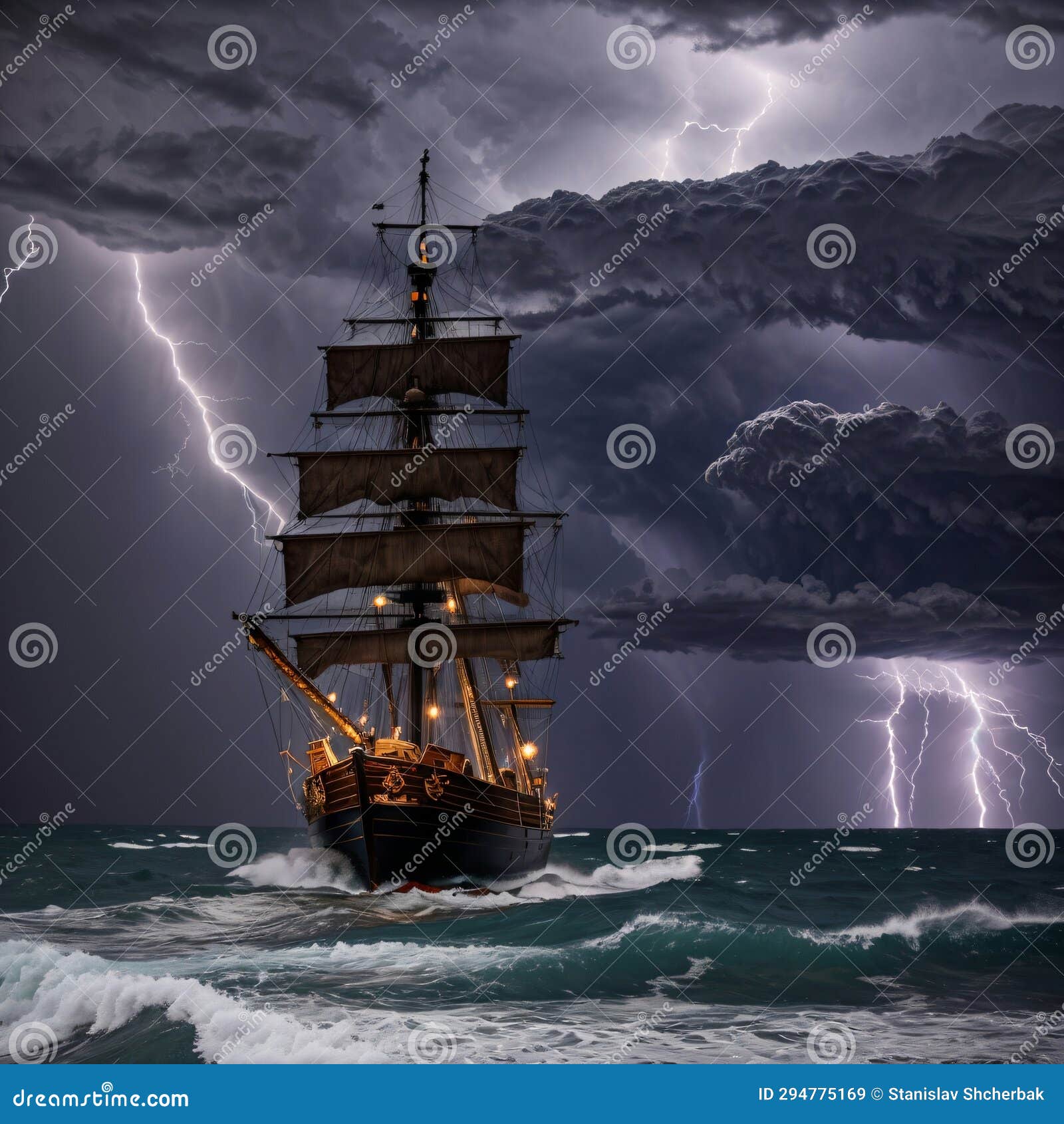 A Pirate Ship in a Heavy Storm. Stock Image - Image of wind, tower ...