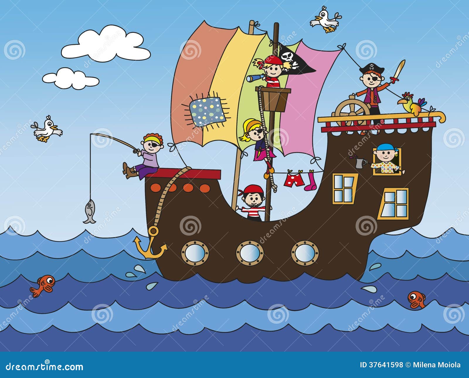 Pirate ship stock illustration. Illustration of kids - 37641598