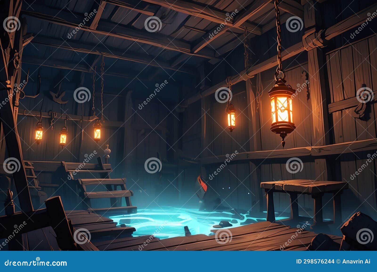 Pirate Ship Interior Anime Premade Background Stock Photography ...