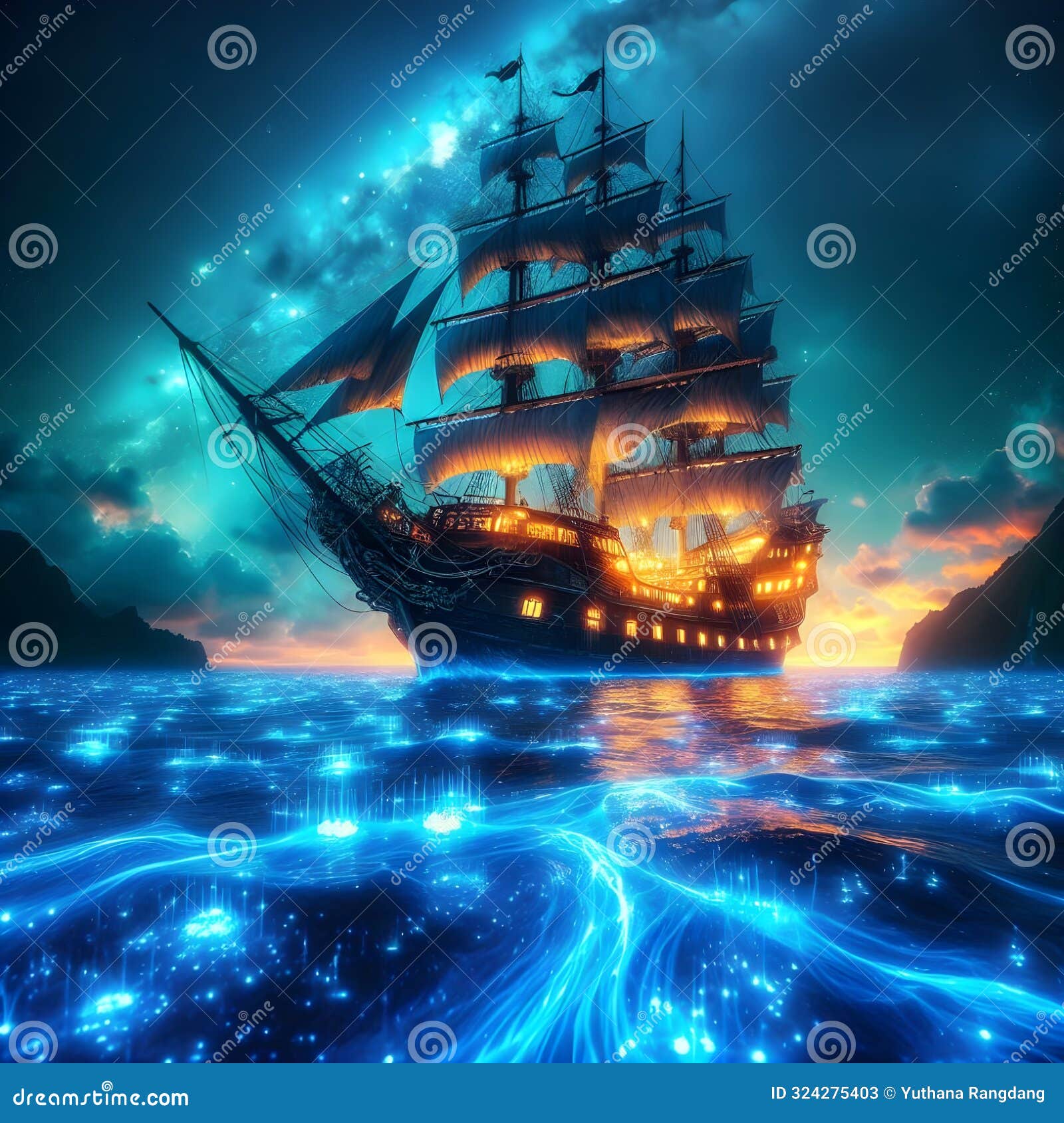 A Pirate Ship at Night. stock illustration. Illustration of piracy ...