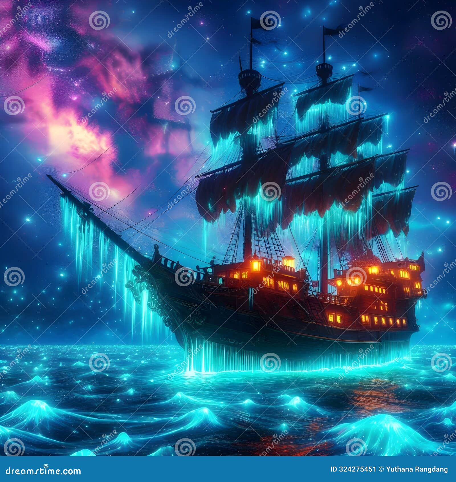 A Pirate Ship at Night. stock illustration. Illustration of piracy ...