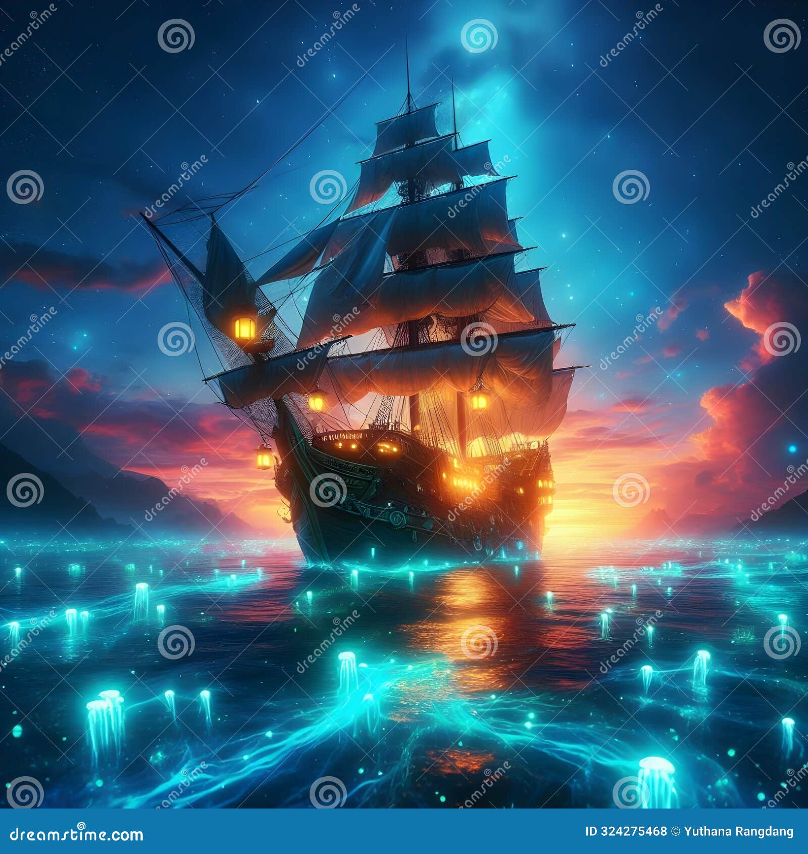A Pirate Ship at Night. stock illustration. Illustration of night ...
