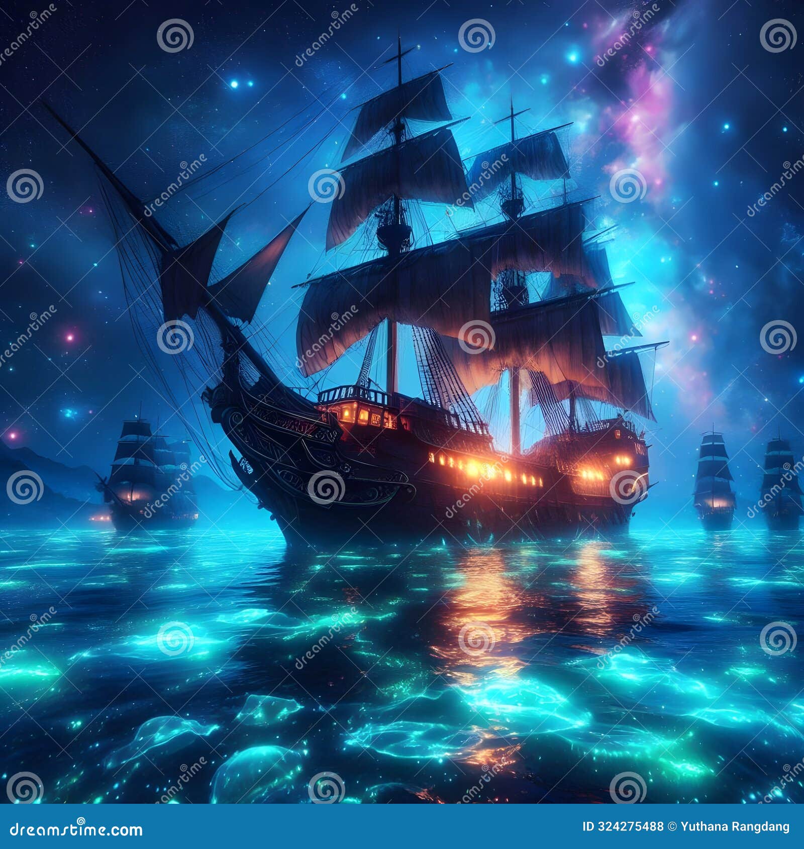 A Pirate Ship at Night. stock illustration. Illustration of danger ...