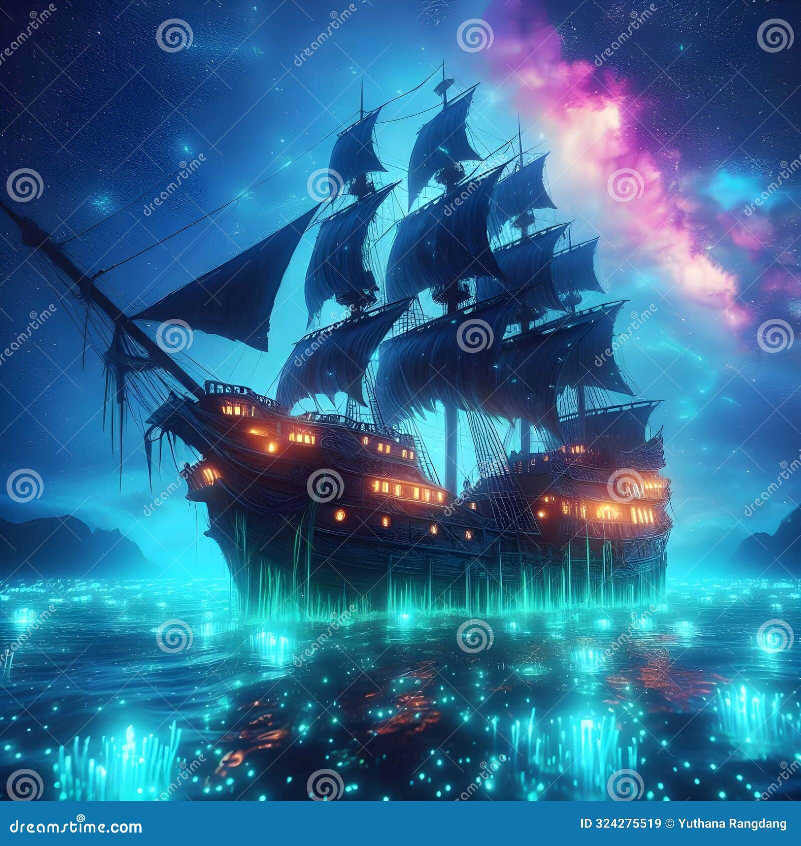 A Pirate Ship at Night. stock illustration. Illustration of silhouette ...