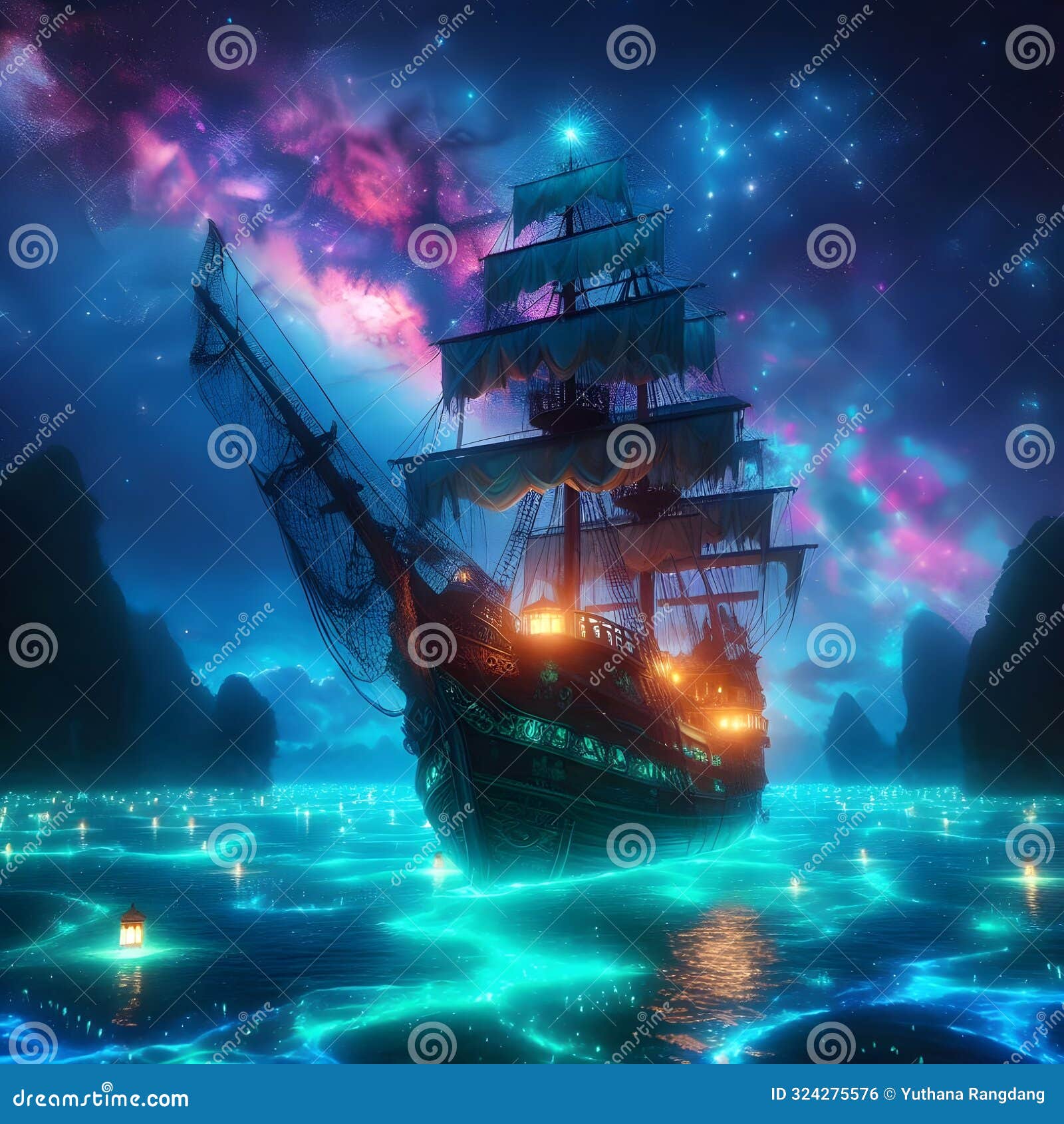 A Pirate Ship at Night. stock illustration. Illustration of wooden ...