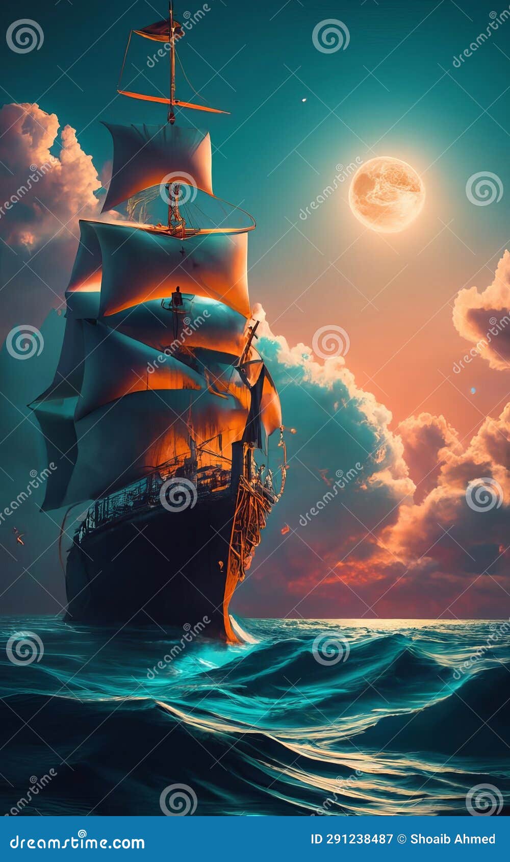 Pirate Ship at Night with Large Moon. Stock Illustration - Illustration ...