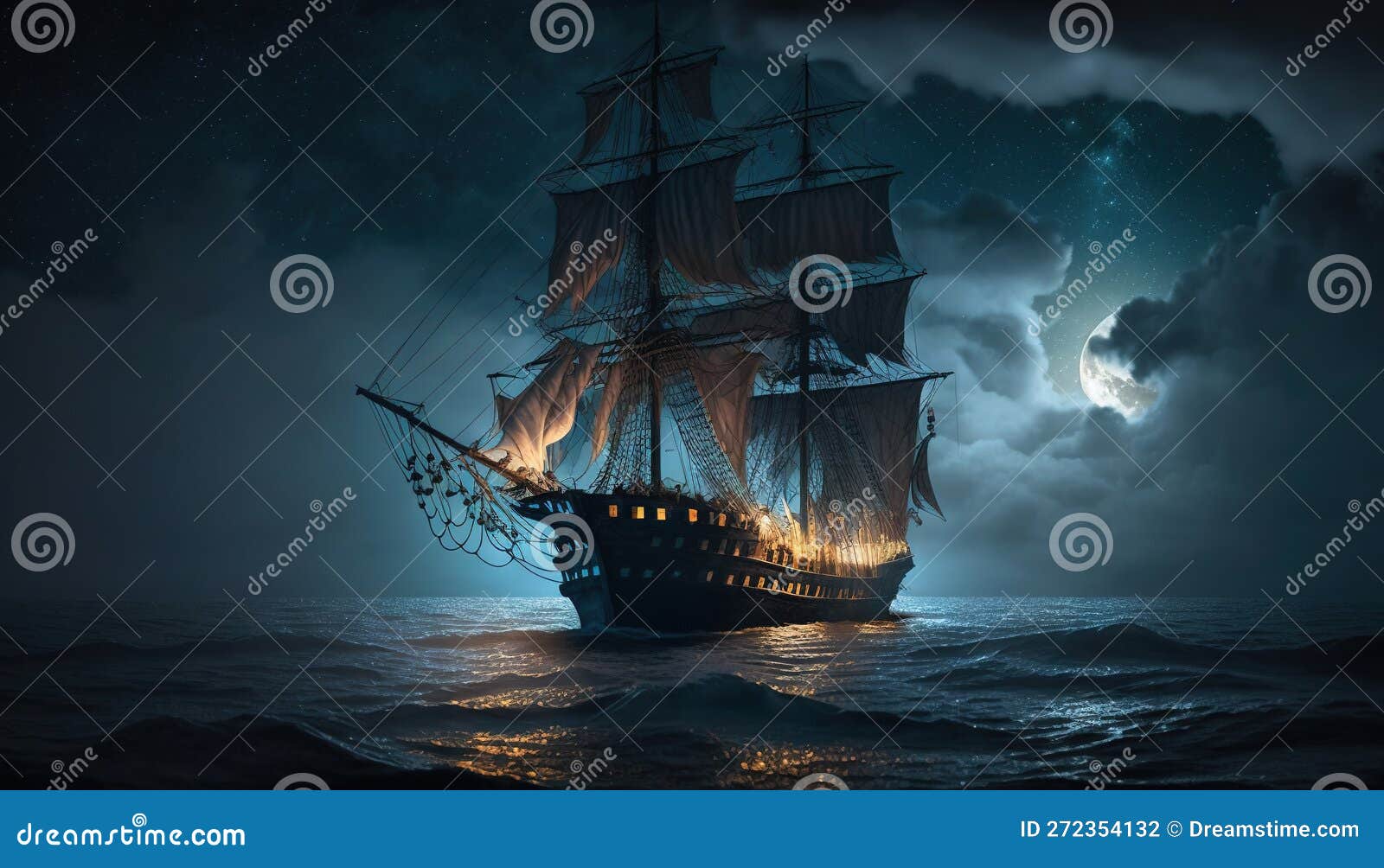 A Pirate Ship in the Ocean with a Full Moon in the Background Stock ...