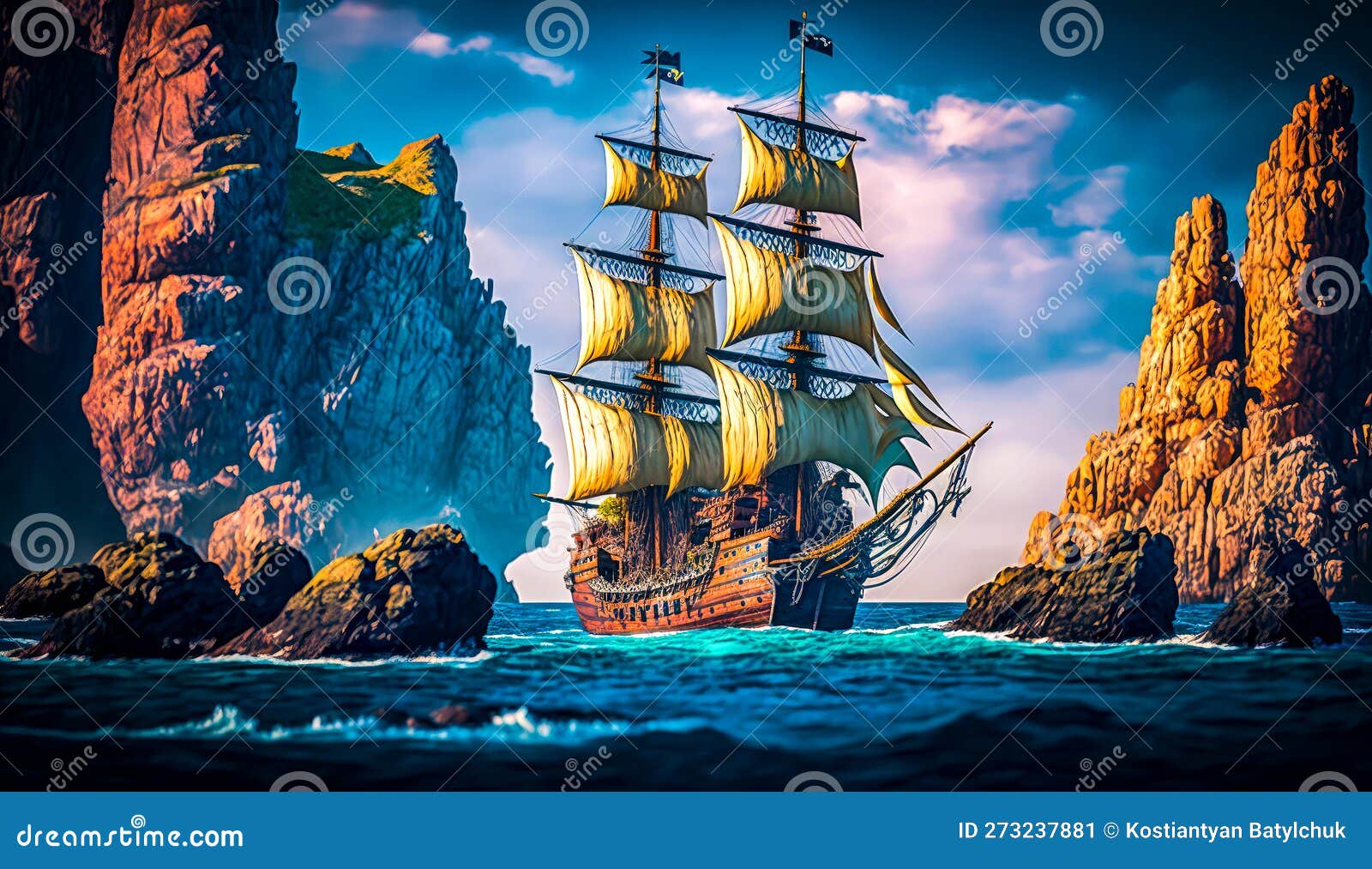 Pirate Ship in the Ocean Near Some Rocks. Generative AI Stock ...
