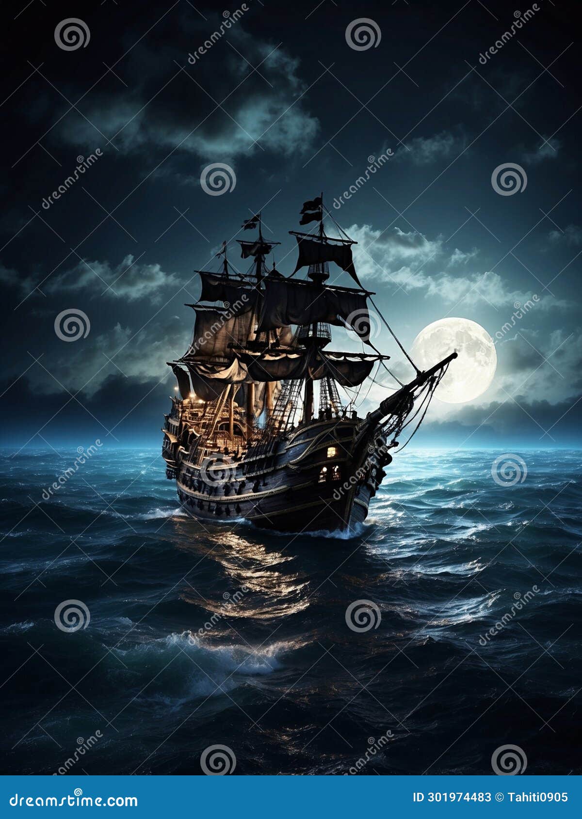 Pirate Ship in the Ocean at Night Stock Illustration - Illustration of ...