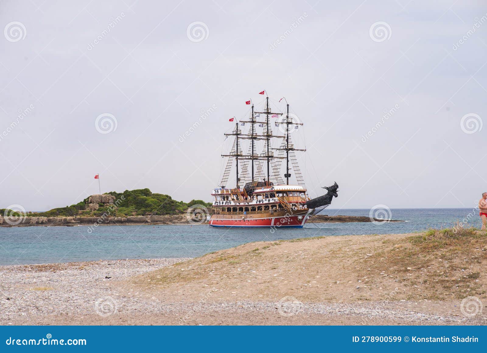 Pirate Ship Off Shore in Tropical Water with Beach in Foreground Stock ...