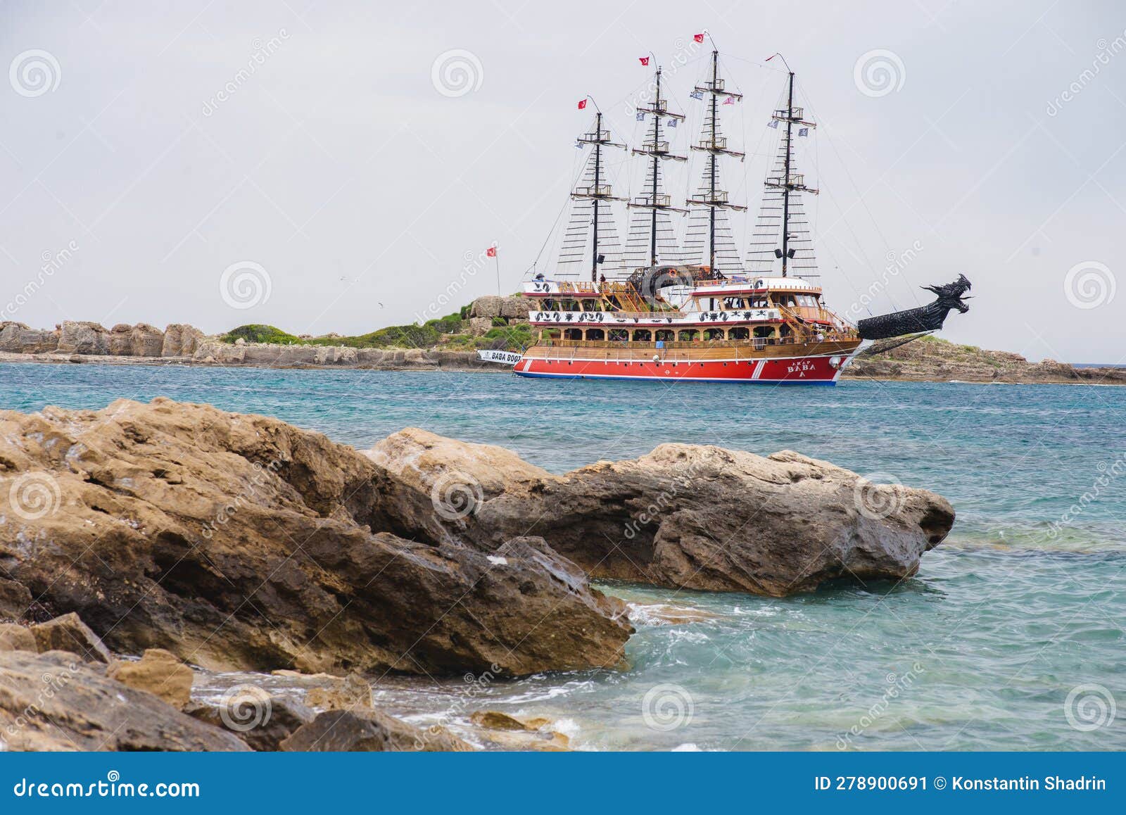 Pirate Ship Off Shore in Tropical Water with Beach in Foreground. Stock ...