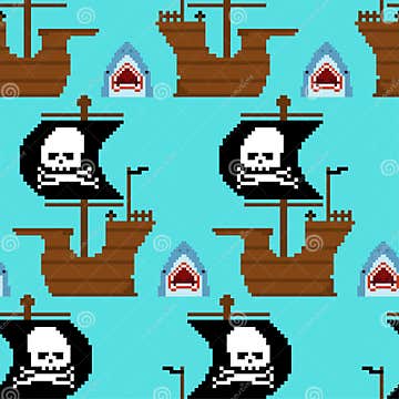 Pirate Ship Pixel Art Pattern Seamless. Pirates 8 Bit Background Stock ...