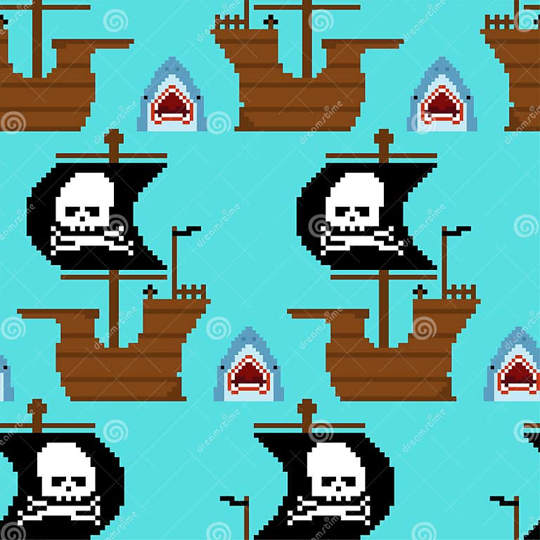 Pirate Ship Pixel Art Pattern Seamless. Pirates 8 Bit Background Stock ...