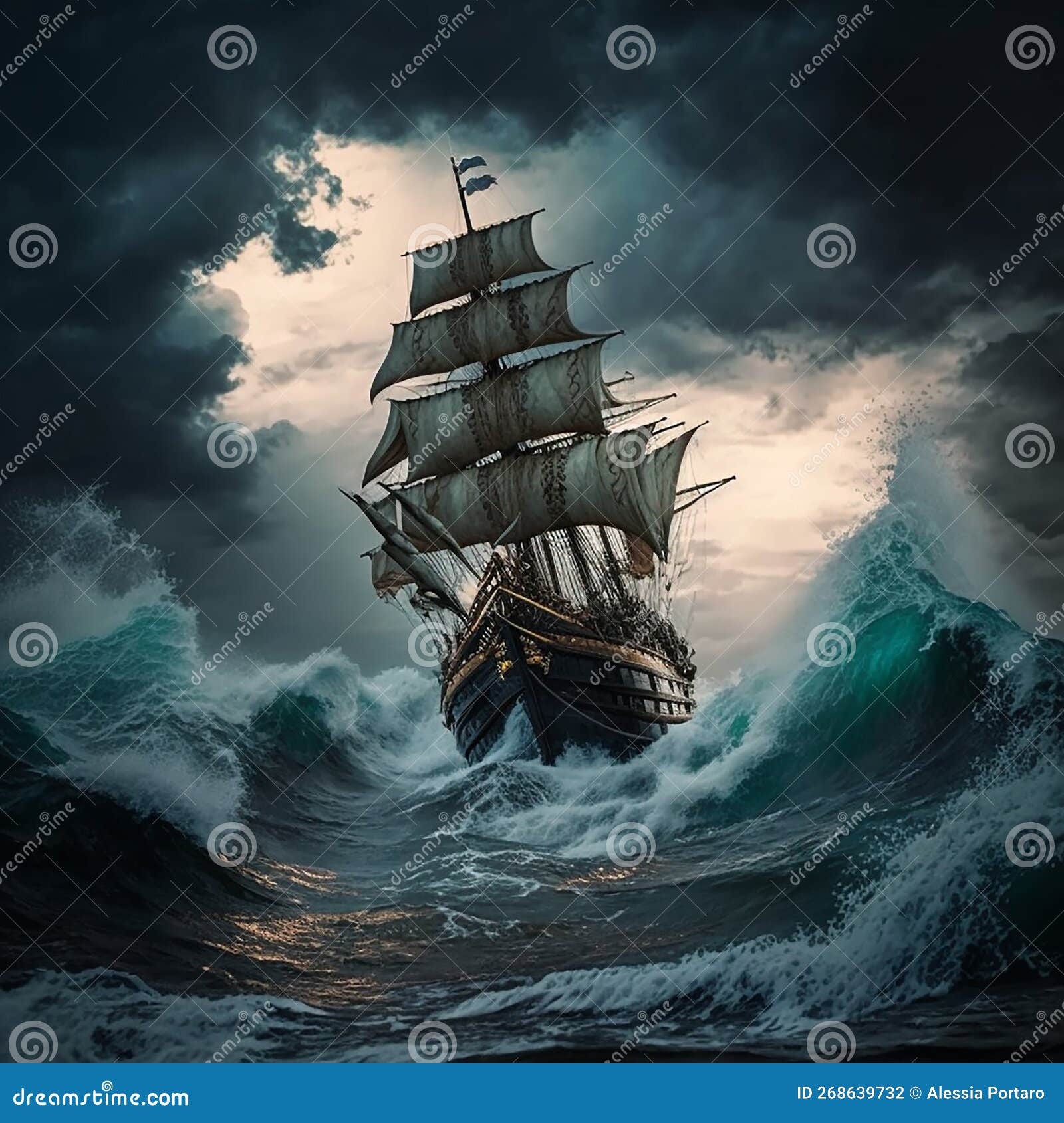 A Pirate Ship in Rough Waters Stock Illustration - Illustration of ...
