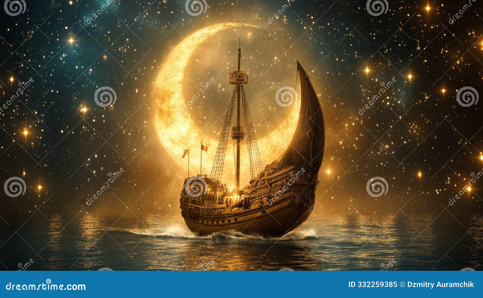 Pirate Ship Sailing at Dusk Under Moonlight Stock Image - Image of sail ...