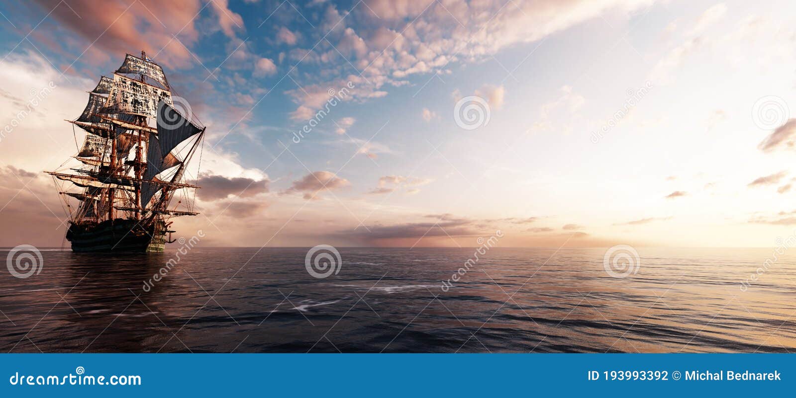 Pirate Ship Sailing on the Ocean at Sunset Stock Photo - Image of ...