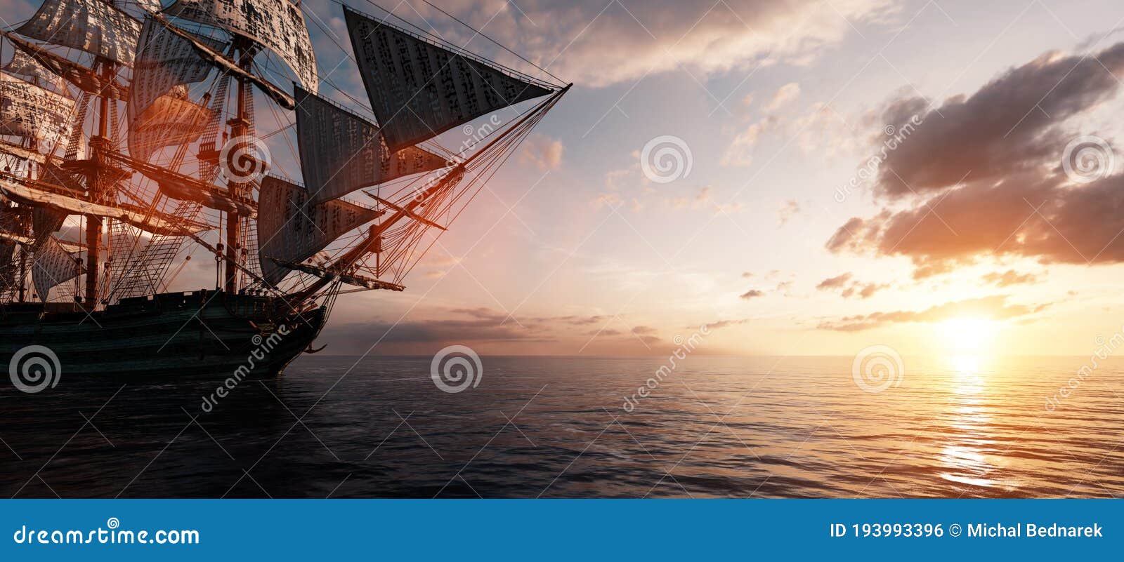 Pirate Ship Sailing on the Ocean at Sunset Stock Photo - Image of ...